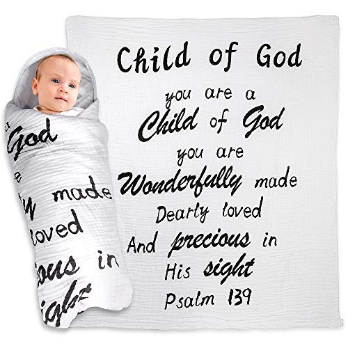 YLOVAN Baby Muslin Swaddle Blankets - ‘Child of God’ Quote - Christening, Baptism, Baby Shower, Godchild Gift for Newborn Boys and Girls (White, 47"x47")