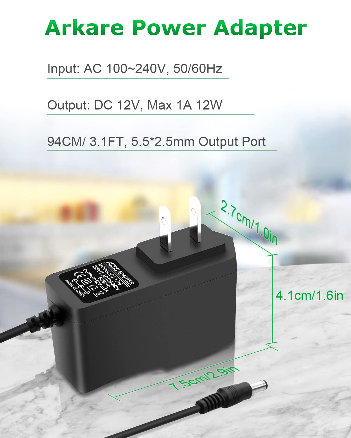 Arkare 12V 1A AC/DC Power Supply Adapter 12Volt Replacement Power Cord Wall Charger AC 100V-240V to DC 12Volt 1Amp 0.5A Transformer for Security Camera BT Speaker GPS Webcam Router Scanner with 10TIPS