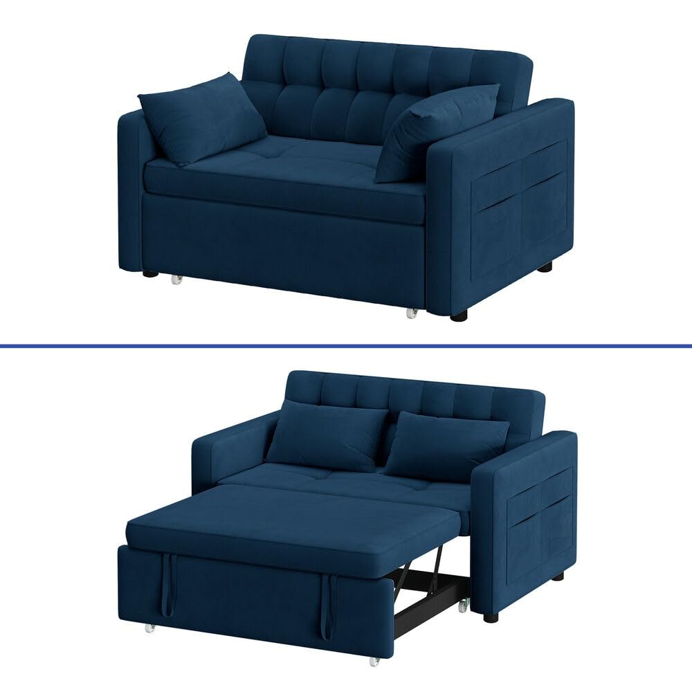 55-Inch 3-in-1 Convertible Sofa Bed - Pull-Out Sleeper Sofa with Cat-Scratch-Proof Fabric, Reclining Backrest, and Side Pocket - Stylish Blue Loveseat for Living Room, Full Size