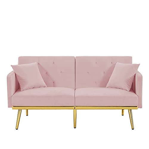 60" Convertible Velvet Futon Sofa Bed, Sleeper Sofa Couch with 2 Pillows and Adjustable Backrest, Modern Loveseat with Side Storage Pockets for Living Room, Bedroom (Pink)