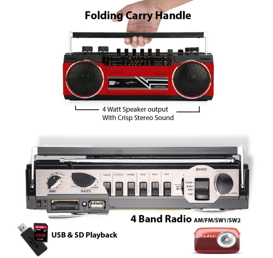 Riptunes Cassette Boombox, Retro Blueooth Boombox, Cassette Player and Recorder, AM/FM/SW-1-SW2 Radio-4-Band Radio, USB, and SD, RED