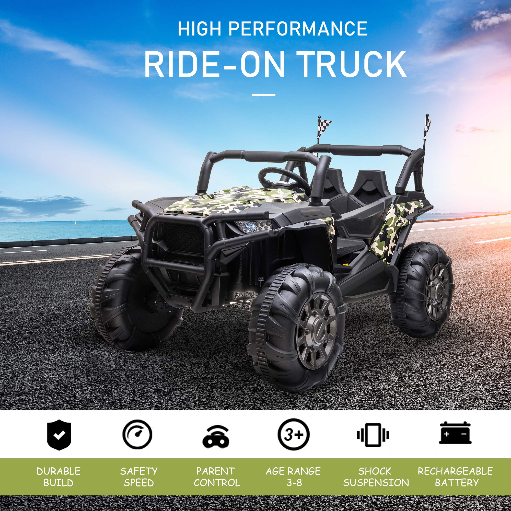 Aosom 12V Kids Ride On Car Electric Off-Road UTV Truck Toy with Parental Remote Control, Suspensions, USB, Bluetooth, 3 Speeds & 4 Motors, Camo Green