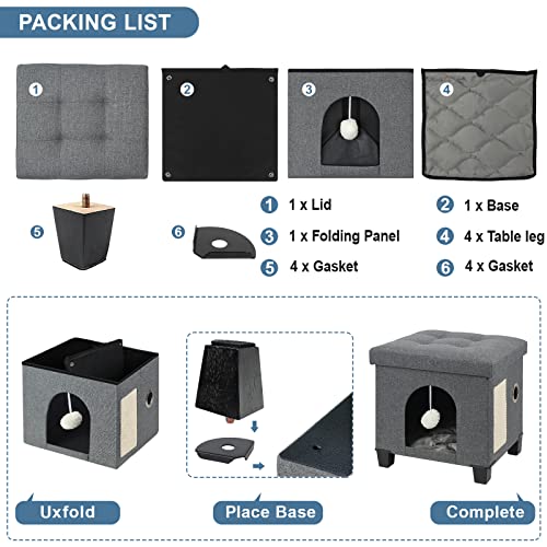 BRIAN & DANY Foldable Cat Bed for Indoor Cats, Large Cat Cube for Pet Cat House with Cat Scratch Board & Cat Ball, 14.7β x 12.7β x 14.1β, Grey