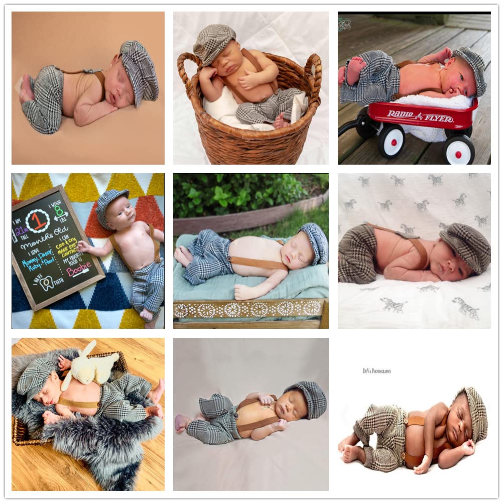 Coberllus Newborn Monthly Baby Photo Props Stripe Cool Boys Cap Rompers Photography (Grey)