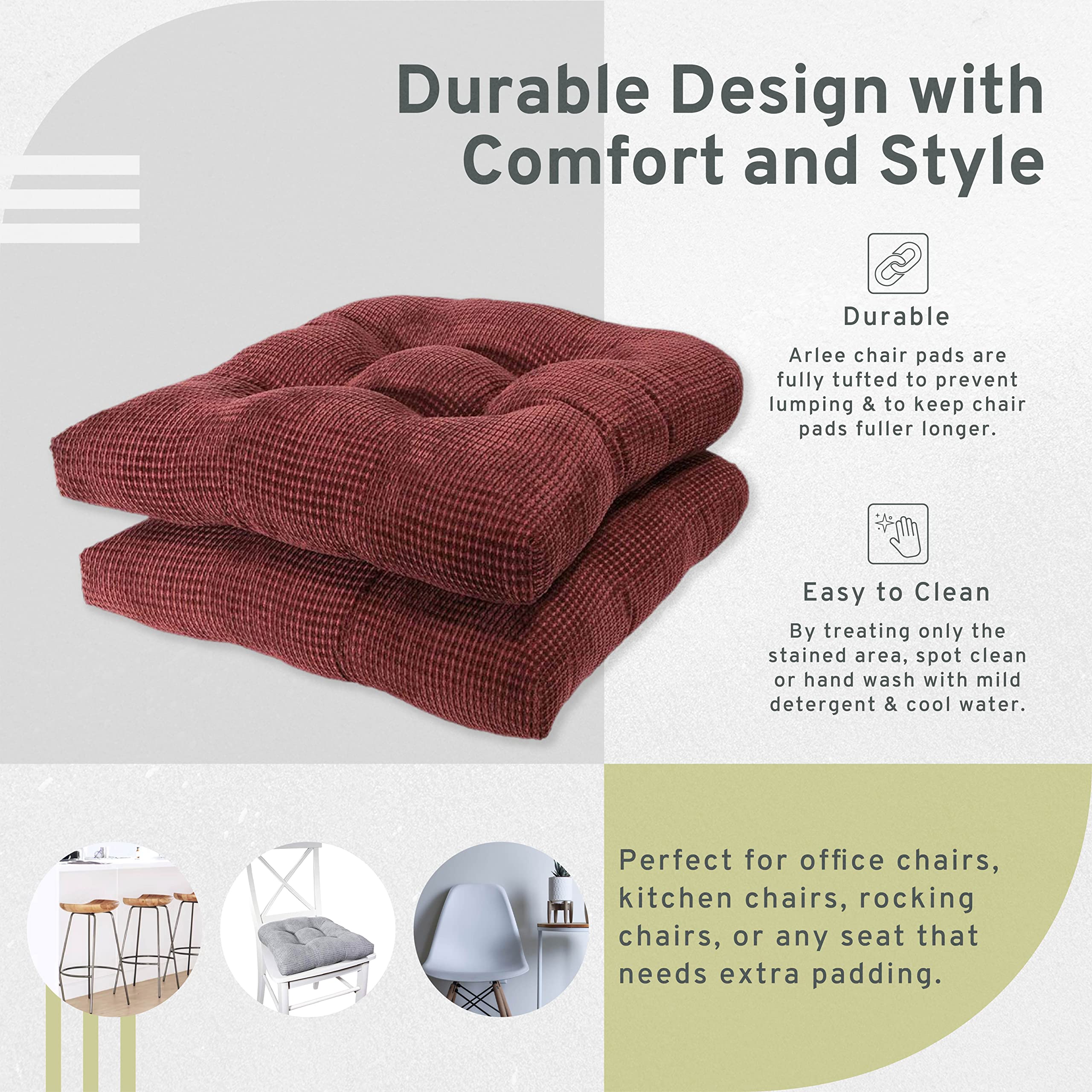 Arlee Tyler, Set of 2-Memory Foam Chair Pads, Non-Skid Backing-Durable Thick Seat Cushions for Kitchen, Office, Patio, 15" L x 14" W, Burgundy Red 2 Count