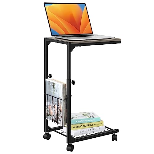 C Shaped Side Table End Table for Couch Sofa and Bed Small Snack Table with Wheels Height Adjustable C Table for Small Spaces Living Room Bedroom Metal Frame, Grey
