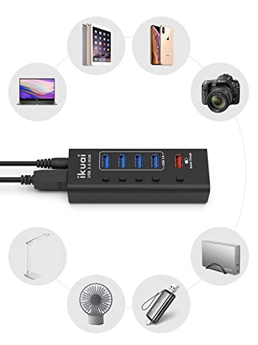 USB Hub 3.0 Powered, ikuai 5-Port Multiple USB Port Splitter, USB 3 Powered Hub, High-Speed Portable USB Port Expander, Charging Supported, 24W Power Adapter for Laptop and PC (RSW-A35B)