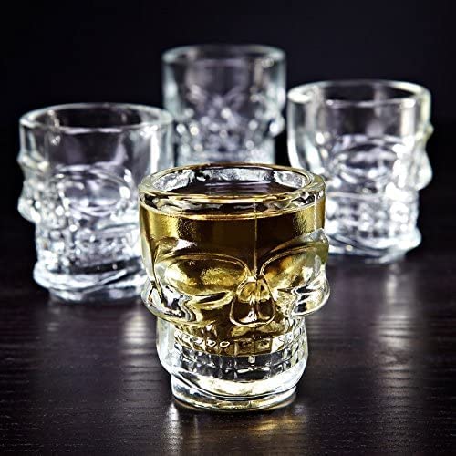 Circleware Skull Face Heavy Base Whiskey Shot Glasses, Set of 6, Party Home and Entertainment Dining Beverage Drinking Glassware for Brandy, Liquor, Bar Decor, Jello Cups, 1.75 oz, Clear