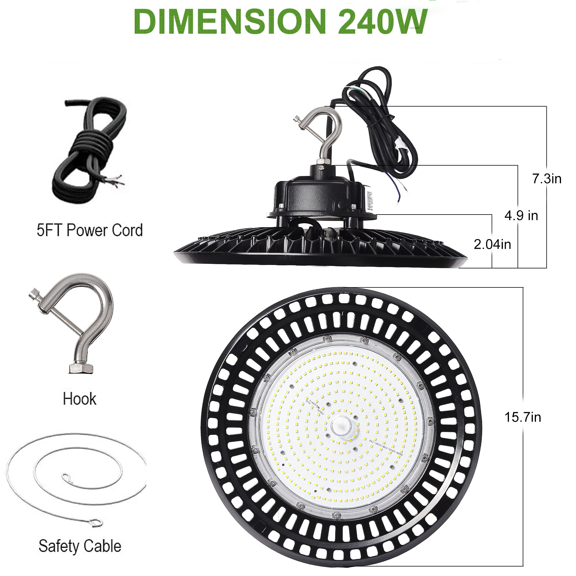 480V UFO LED High Bay Lights 240W, 38400LM, 0-10V Dimmable, 1000W HID/HPS Replacement, 5ft Cable, IP65, Hook Mount, Shop Lights, Garage, Factory, Warehouse, Workshop, Area Light