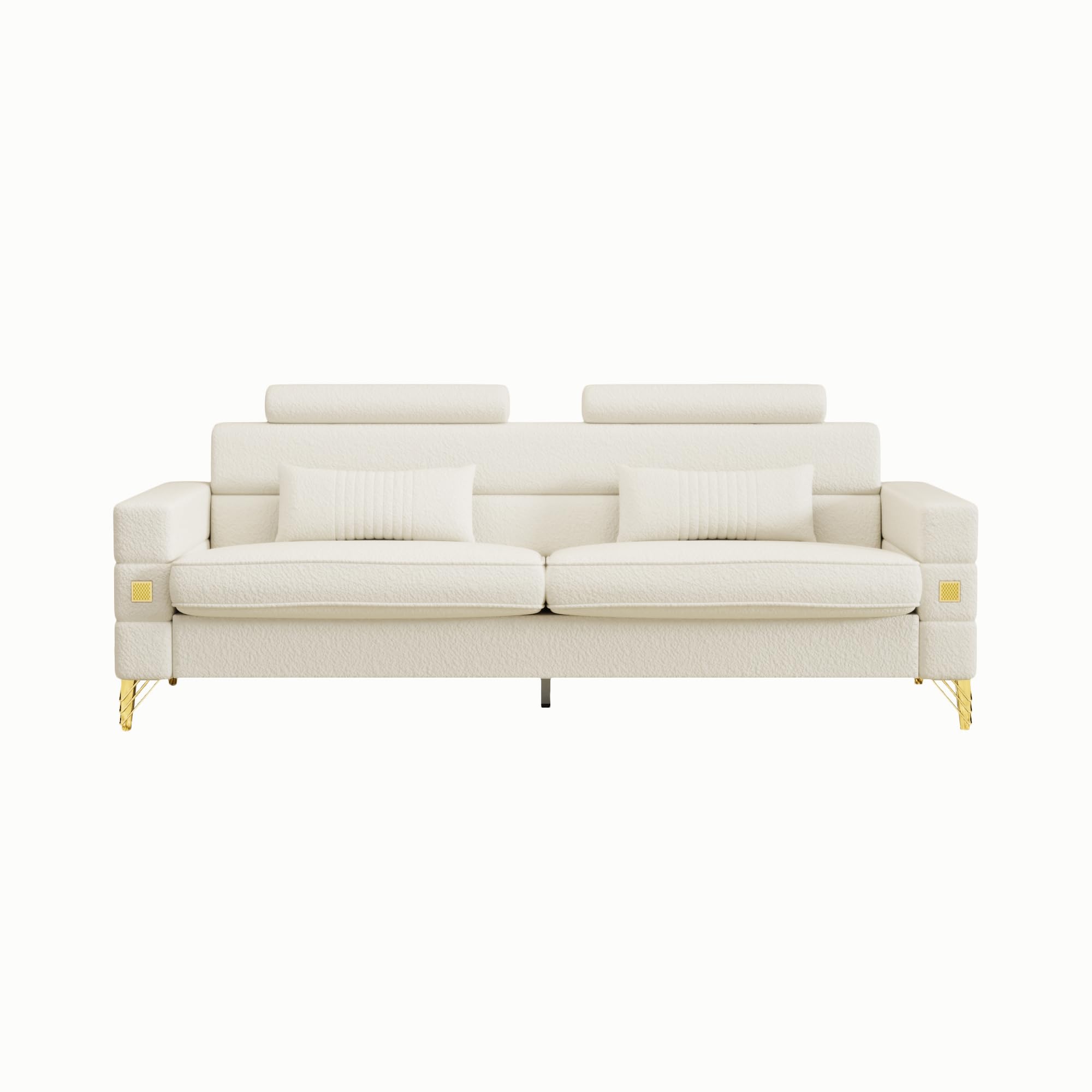 85 in 3-Seat Couch Velvet Couch, Mid Century Modern Couch Love Seats with Solid Wood Frame & 2 Same Color Pillows & Gold Couch Legs, Velvet Sofa Comfy Couch for Large Living Room Space(P17-White)