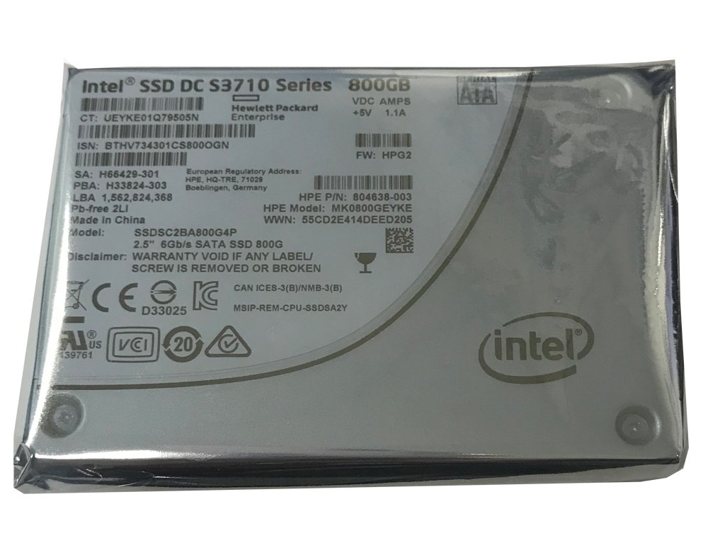 HP 804638-003 Intel DC S3710 Series 800GB 2.5-inch 7mm SATA III MLC (6.0Gb/s) Internal Solid State Drive (SSD) SSDSC2BA800G4P Model MK0800GEYKE - New OEM w/ 5 Years Warranty