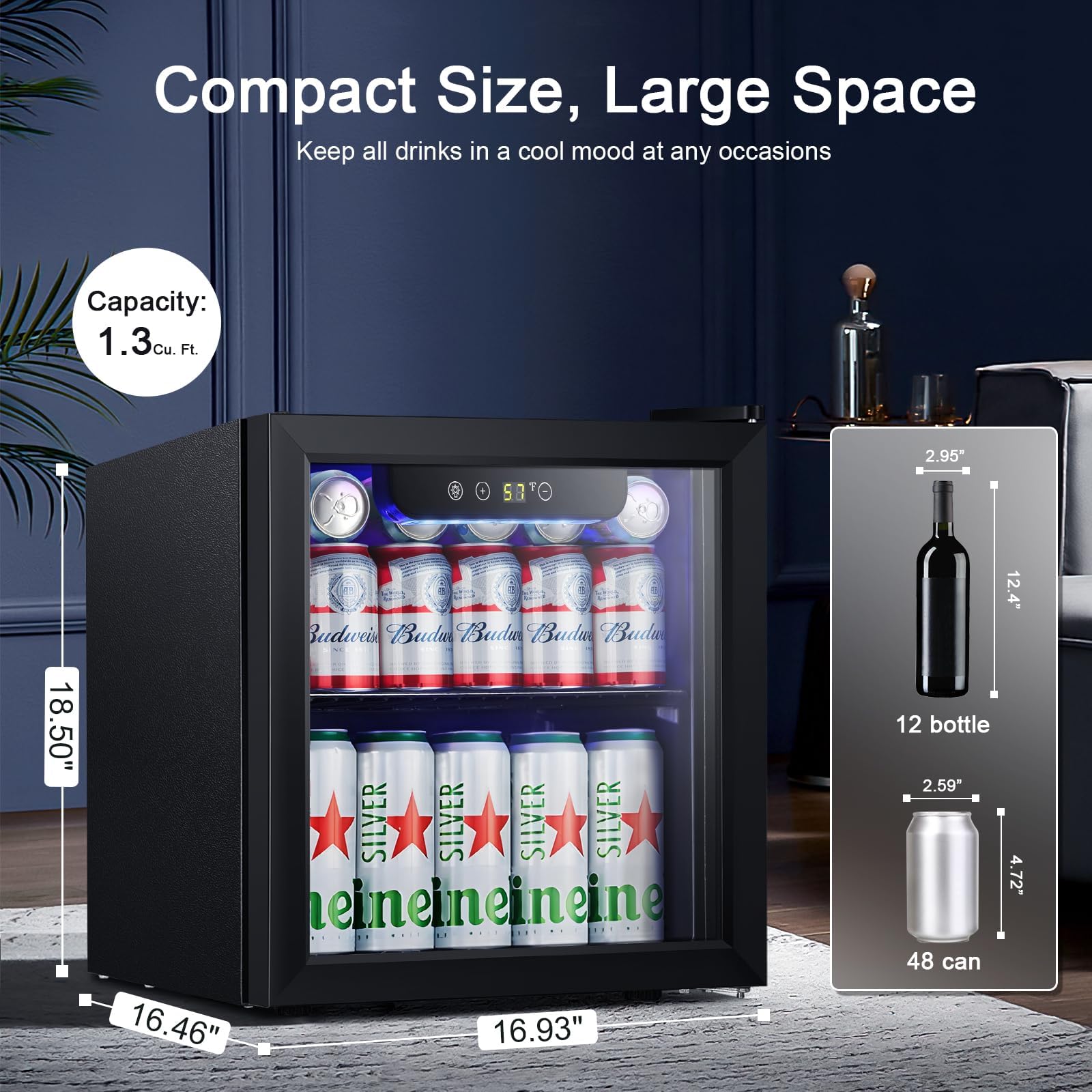 Antarctic Star Mini Fridge Cooler - 12 Bottle 48 Can Beverage Refrigerator Glass Door for Drinks or Beer Wine –Small Drink Dispenser for Home, Office or Bar, Electronic Knob Control,1.3cu.ft.