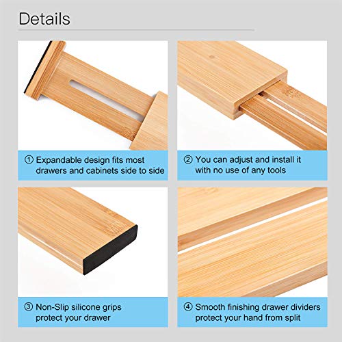 Vinkki Bamboo Drawer Divider 4 Pack Kitchen Utensil Drawer Organizer Separators Spring Adjustable & Expendable Drawer Dividers Eco-Friendly Bamboo Drawer Partitions Divider for Kitchen Desk