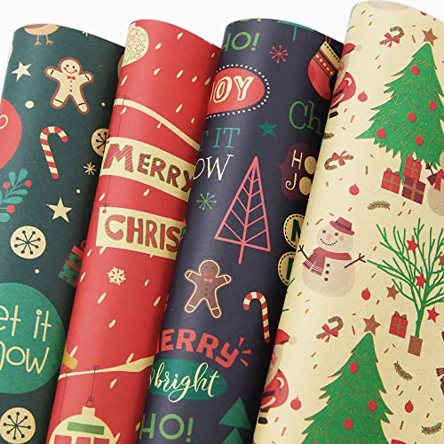 Christmas Wrapping Paper, Gift Wrapping Papers, 20 x 28 inches per sheet, Santa Snowmen Deer Bell Tree Kraft Wrapping Paper for Family Friends Kids lovers on Christmas or Birthday(4 Designs 12 sheets)