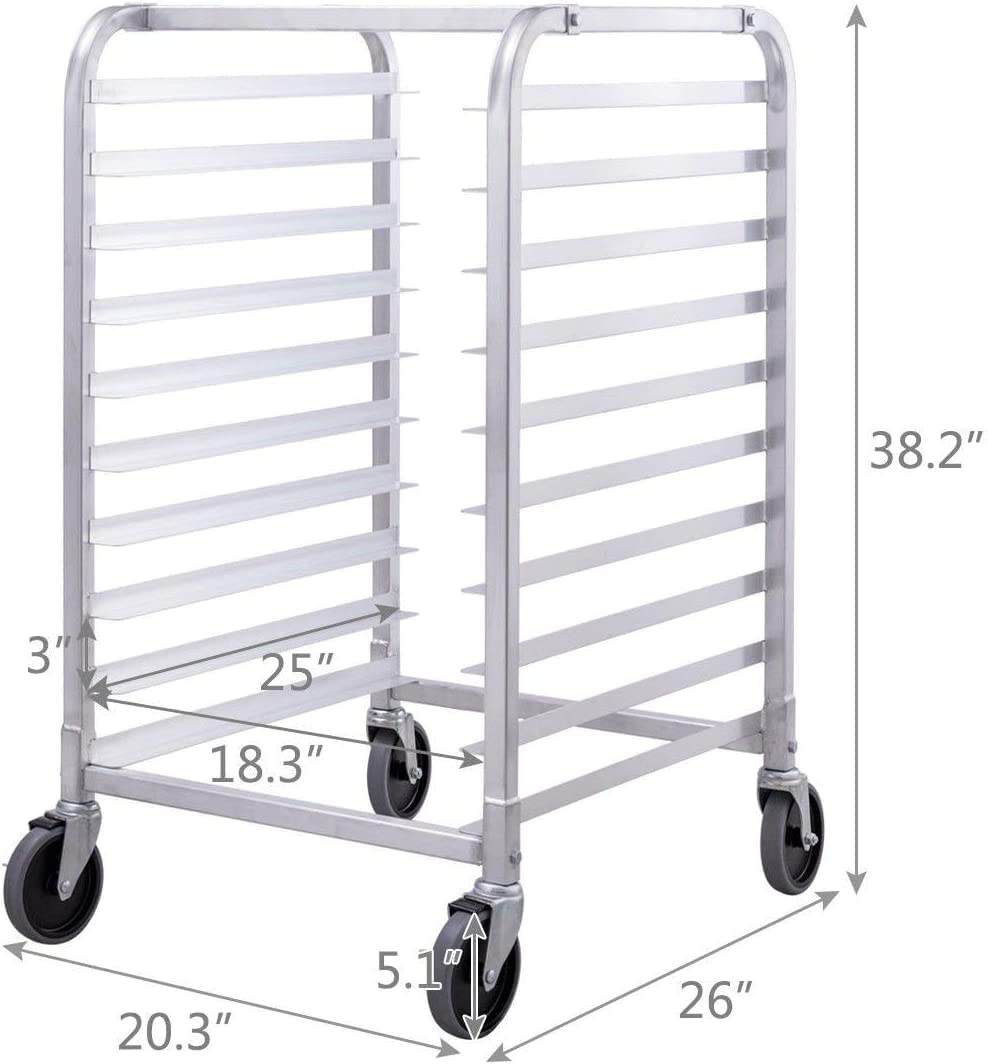 CHEFJOY 10 Sheet Aluminum Kitchen Bun Pan Sheet Rack w/Wheels 2 Lockable Home Commercial Use Bakery Cooling Rack Open Shelf