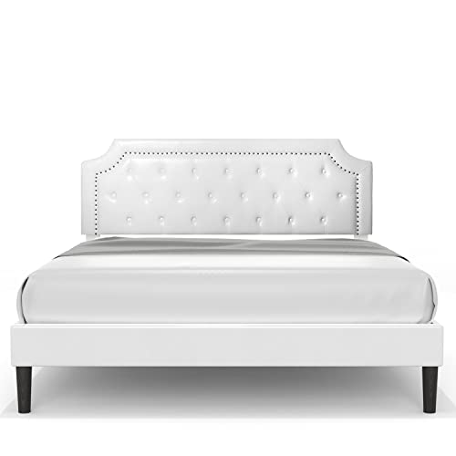 BONSOIR Bed Frame Upholstered Low Profile Platform Bed with Tufted Faux Leather Headboard/No Box Spring Needed/No Bed Skirt Needed (White, Queen Size)