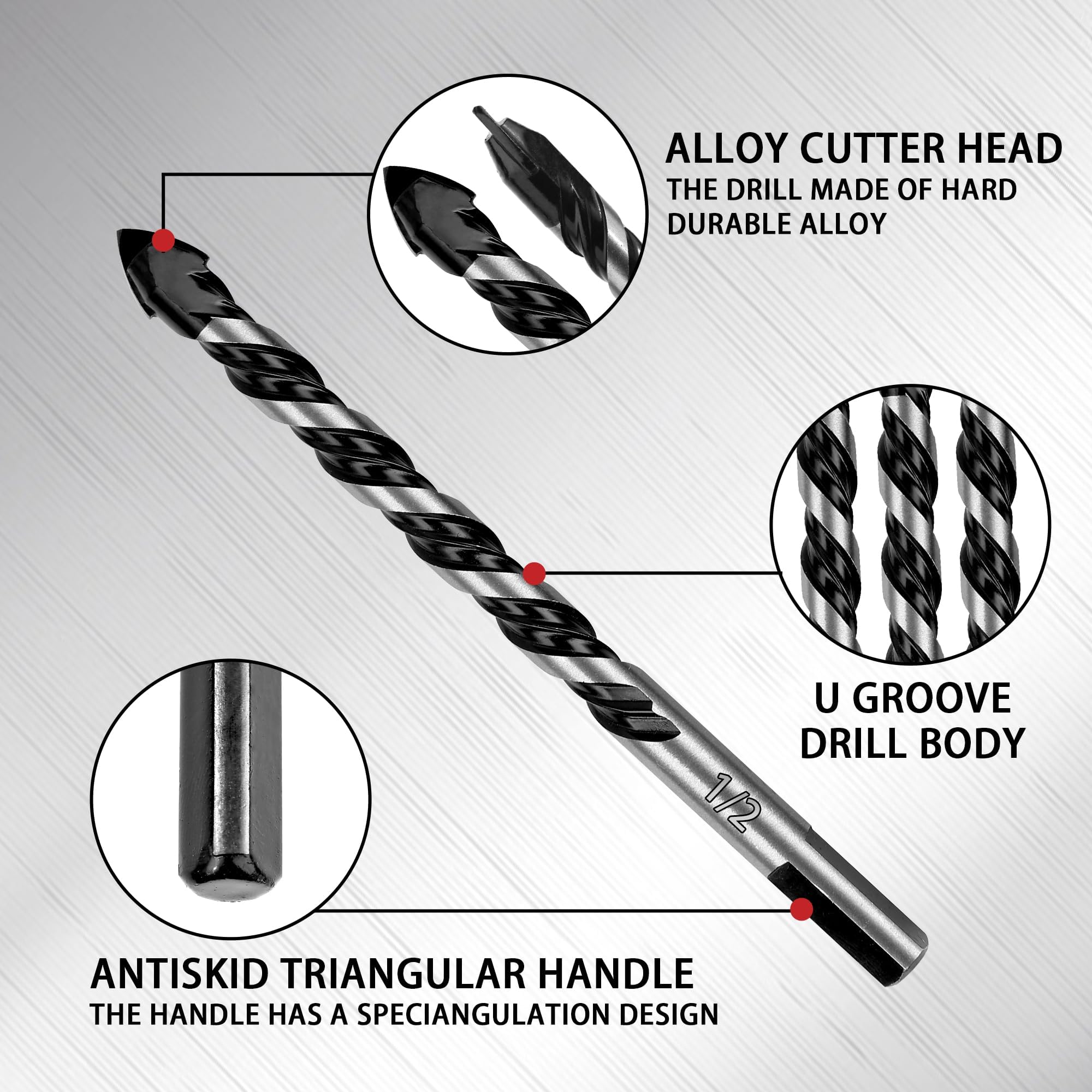 AIMLENTOOL Masonry Drill Bits Set, 10pcs Concrete Drill Bits, 1/8" to 1/2" Multifunction Drill Bit Set with Industrial Strength Carbide Tipped for Brick, Tile, Cement, Ceramic, Glass, Plastic