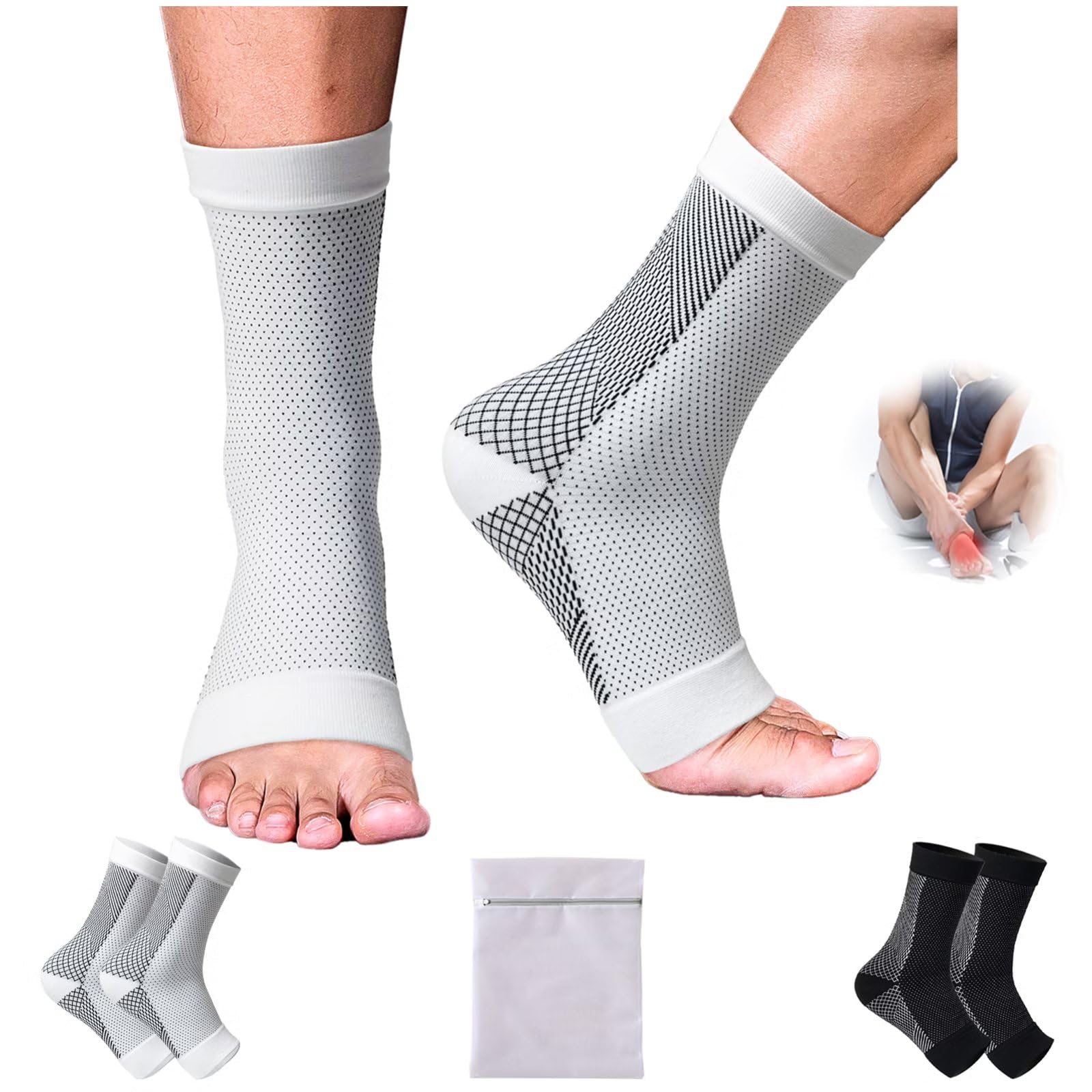 AGERALIY 2 Pairs Upgraded Neuropathy Socks - 20-30mmHg Compression Socks for Men&Women,Ankle Brace Plantar Fasciitis Socks for Arch Support,Achilles Tendonitis,Foot Edema & Fatigue(Black+White,L/XL)