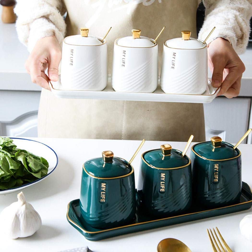 3pcs per Set Ceramic Condiment Pots with Tray, Seasoning Box Condiment Pots, Ceramic Sugar Bowl with Lids and Spoons, Container Spice Jar Salt Cellar for Kitchen (White)