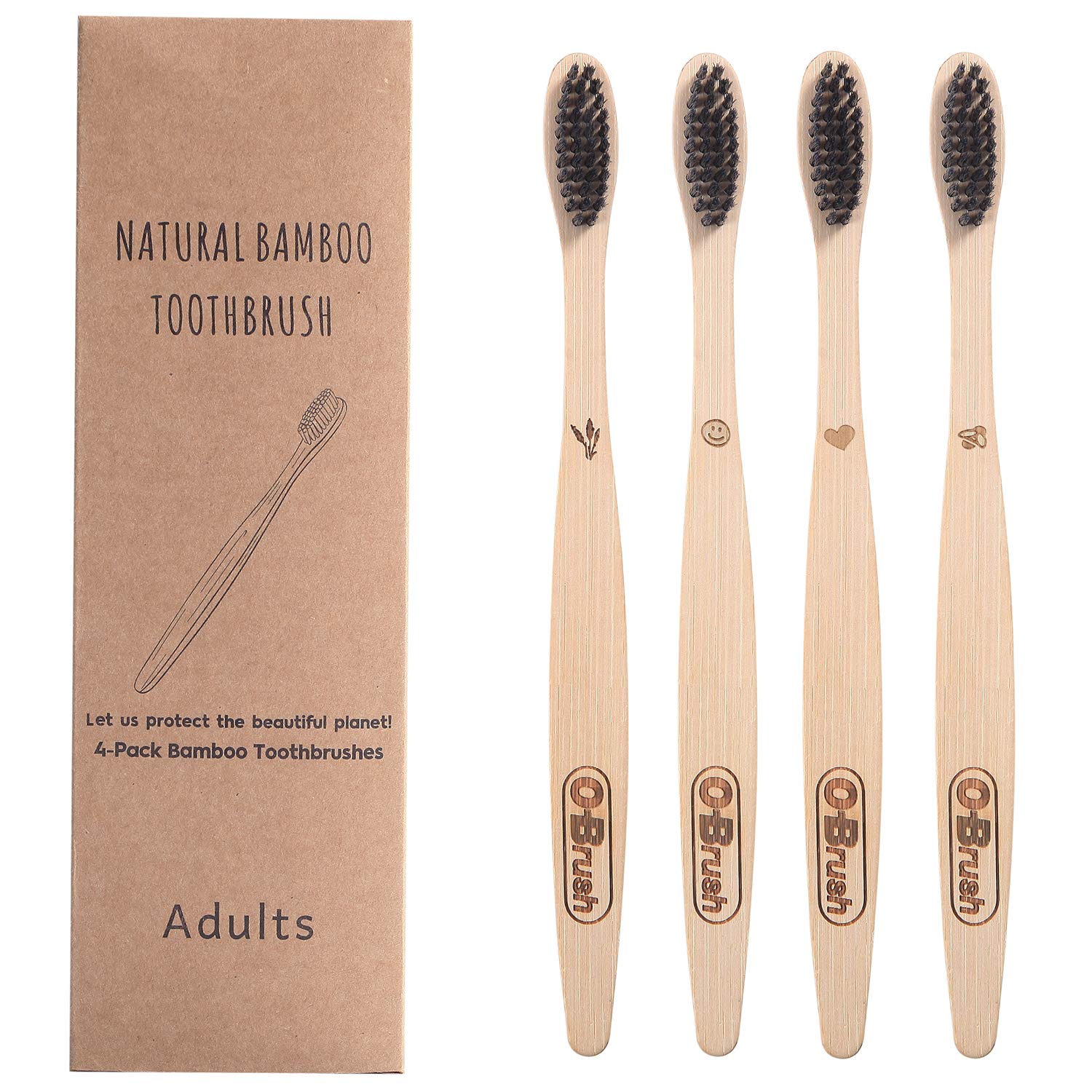 OBrush Bamboo Charcoal Toothbrush, Tooth Brush for Adult, Charcoal Bristles Bamboo Tooth Brush Biodegradable Handle with Medium Nylon Bristles ,Four Patterns,Set of 4