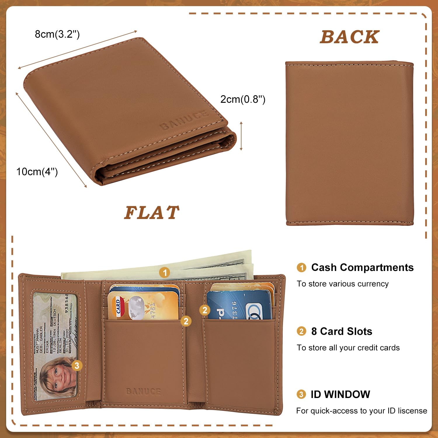 Banuce Top Grain Leather Trifold Wallet for Women Small with Credit Card Holder and ID Window Brown