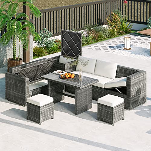 BIADNBZ 6-Piece Outdoor Furniture Set with Dining Table, Adjustable Seat and Storage Box, All Weather PE Rattan Patio Conversation Sofa L-Shaped Couch for Garden Lawn, Grey Wicker+Beige Cushion