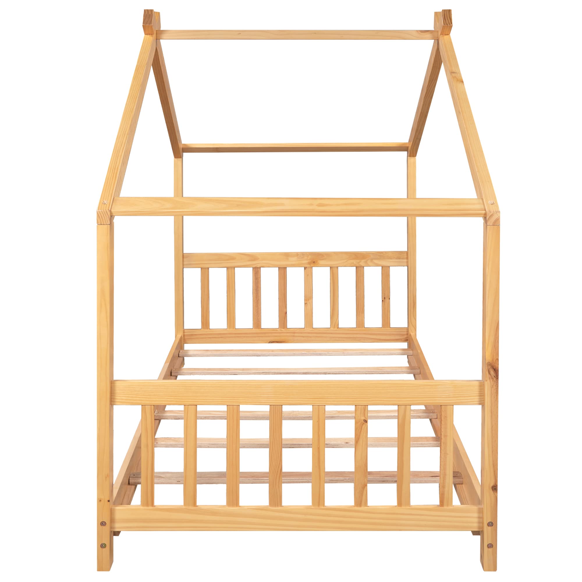 Harper & Bright Designs Toddlers House Platform Beds, Solid Wood Twin Size Floor Montessori Bed with Headboard & Footboard, House Cabin Bed Frame for Kids, Teens, Girls, Boys (Natural)