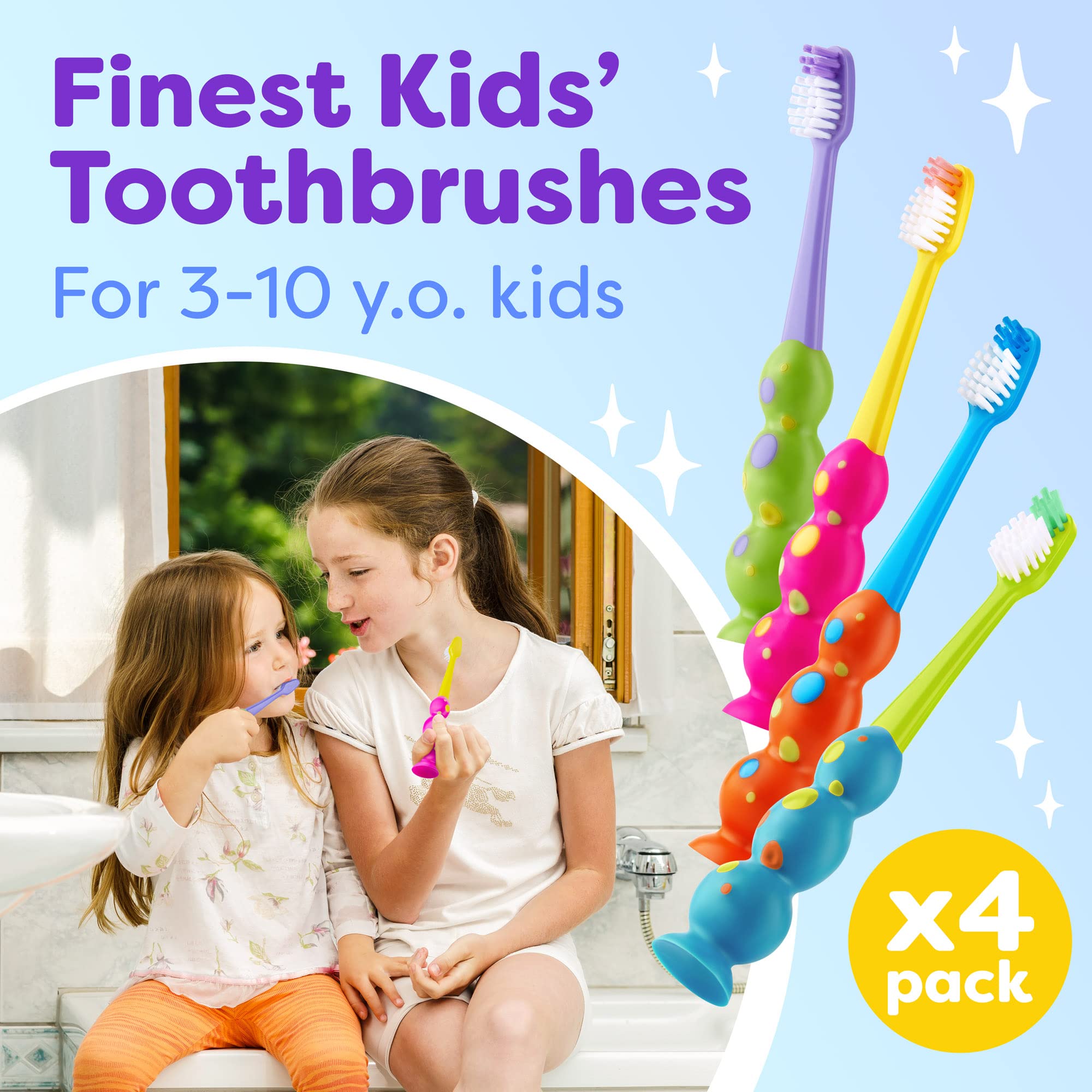 Kids Toothbrush 4 Pack - Soft Bristles with Suction Cup - Toothbrush Kids, Child Sized Brush Heads, 3-10 Year Old Kid Toothbrush with Easy Storage - Toddler, Girl and Boy Set (4-Pack, Multi-Color)
