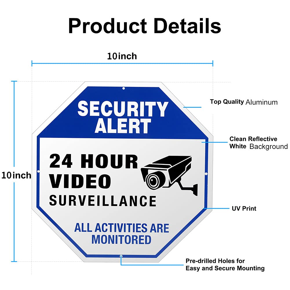 Video Surveillance Signs Outdoor - 10" x 10" Aluminum Rust Free Security Signs for Property, Metal Warning Sign for Home Business CCTV Security Camera - 2 Pack/Blue