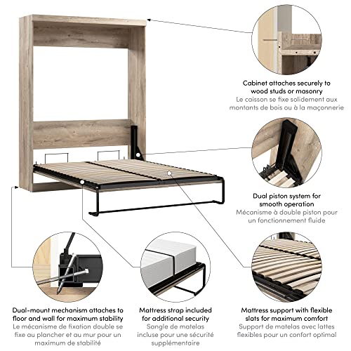 Bestar Pur Murphy, Space-Saving Wall Bed for Multipurpose Guest Room or Home Office, Queen, Rustic Brown