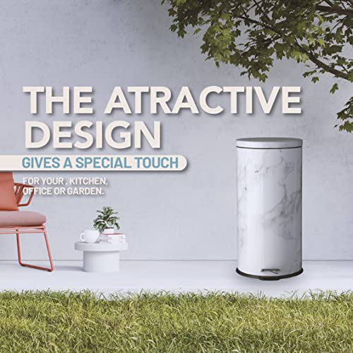 AWENN - Kitchen Garbage Trash Can with Lid and Pedal - Touchless Round Shape Waste Bin - Stainless Steel Dustbin with Removable Inner Bucket for and Outdoors β White (7.9 Gallon β 29 Liters)