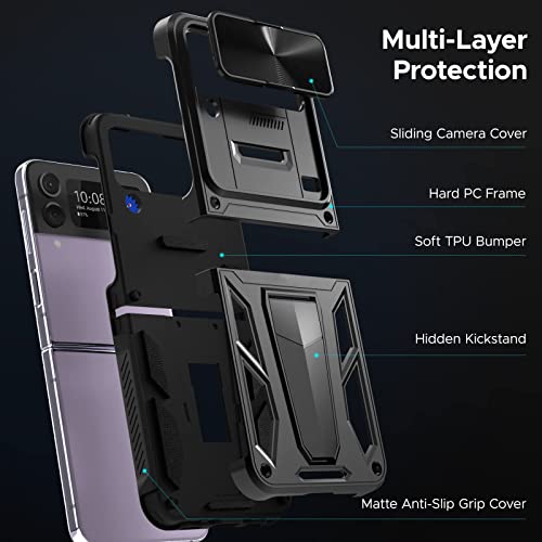 CASESTAR Military Armor Series Case for Samsung Galaxy Z Flip 4 / Z Flip 3,Build-in Kickstand & Camera Protection Sliding Cover - (Metallic Black)