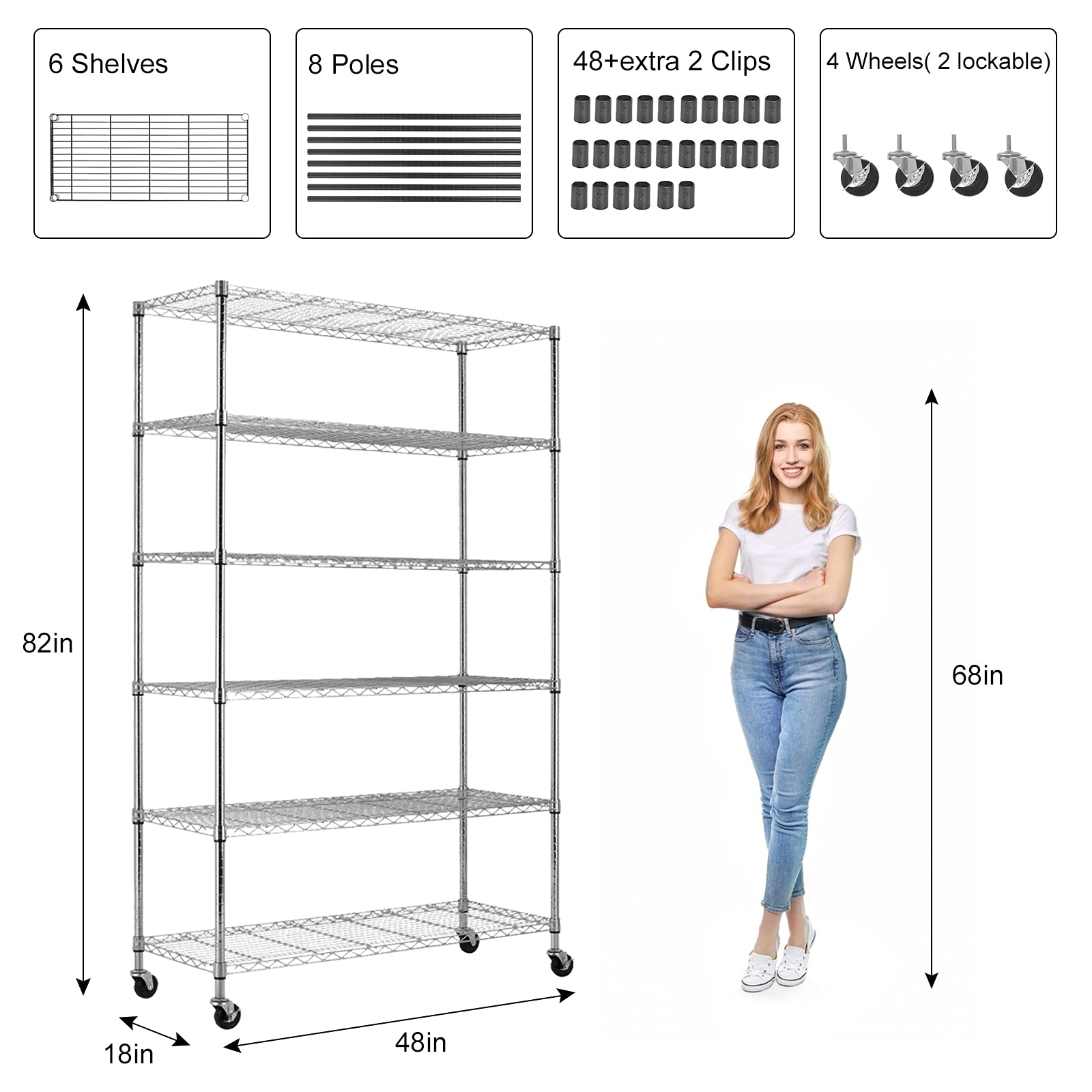 Heavy Duty Storage Shelves Hold 2100LBS Metal Shelves with Wheels Adjustable 6 Tier Wire Shelving Unit NSF Shelving for Closet Kitchen Garage Basement, 82" H x 48" L x 18" D- Chrome
