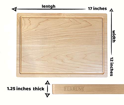 Wood Cutting Board Hard Maple 17x12x1.25 Inches Reversible with Handles and Juice Groove, Extra Thick Butcher Block Chopping Board Handmade By Ferrum.