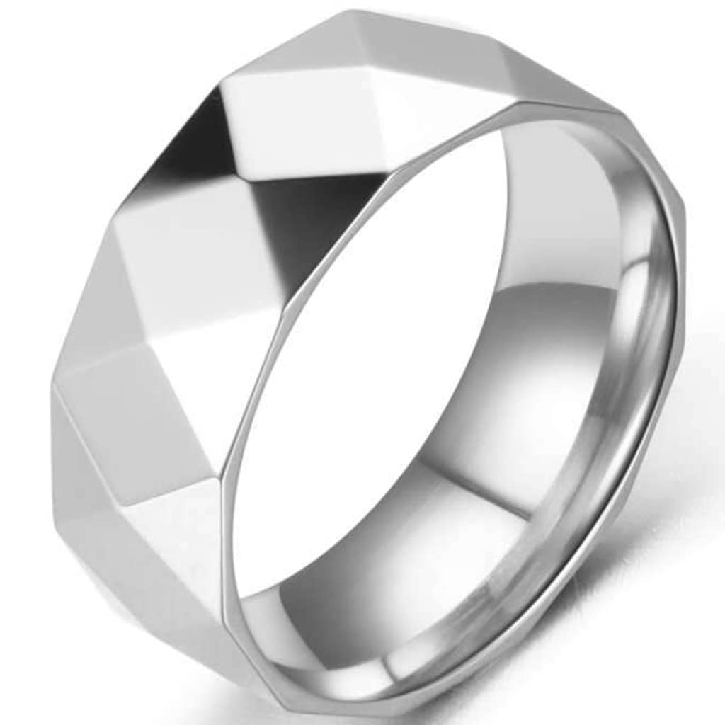 8mm High Polished Stainless Steel Faced Cut Classic Simple Plain Wedding Band Anniversary Statement Promise Ring (Silver, 10)