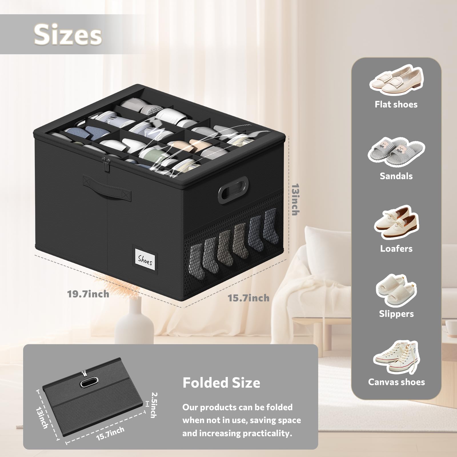 Shoe Organizer for Closet,Fits 16 Pairs,Leather Fabric Shoe Storage Bins with Clear Cover,Shoe Box Storage Containers,Adjustable Dividers for Storage with 4 Handles (Black, (19.7 * 15.7 * 13) x1)