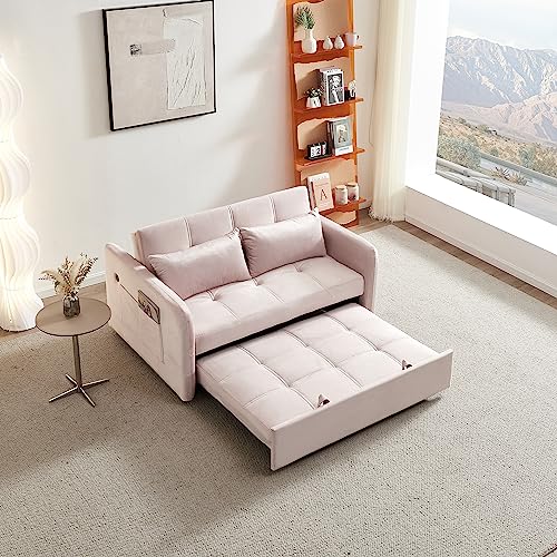 FANYE Twin XL 3-in-1 Tufted Upholstered Daybed Futon Loveseat W/Pull Out Sleeper Bed and USB Ports, 2-Seaters Sofa & Couch Soft Cushions Love Seat Convertible Size Sleep Sofabed for Living Room, Pink