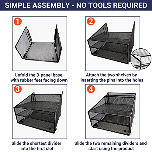 Office Desk Organizer Metal Mesh with 3 Paper Trays and 2 Vertical Upright Sections, Desktop File Holder for Letter Size A4, Folders, Stationary, and Desk Accessories