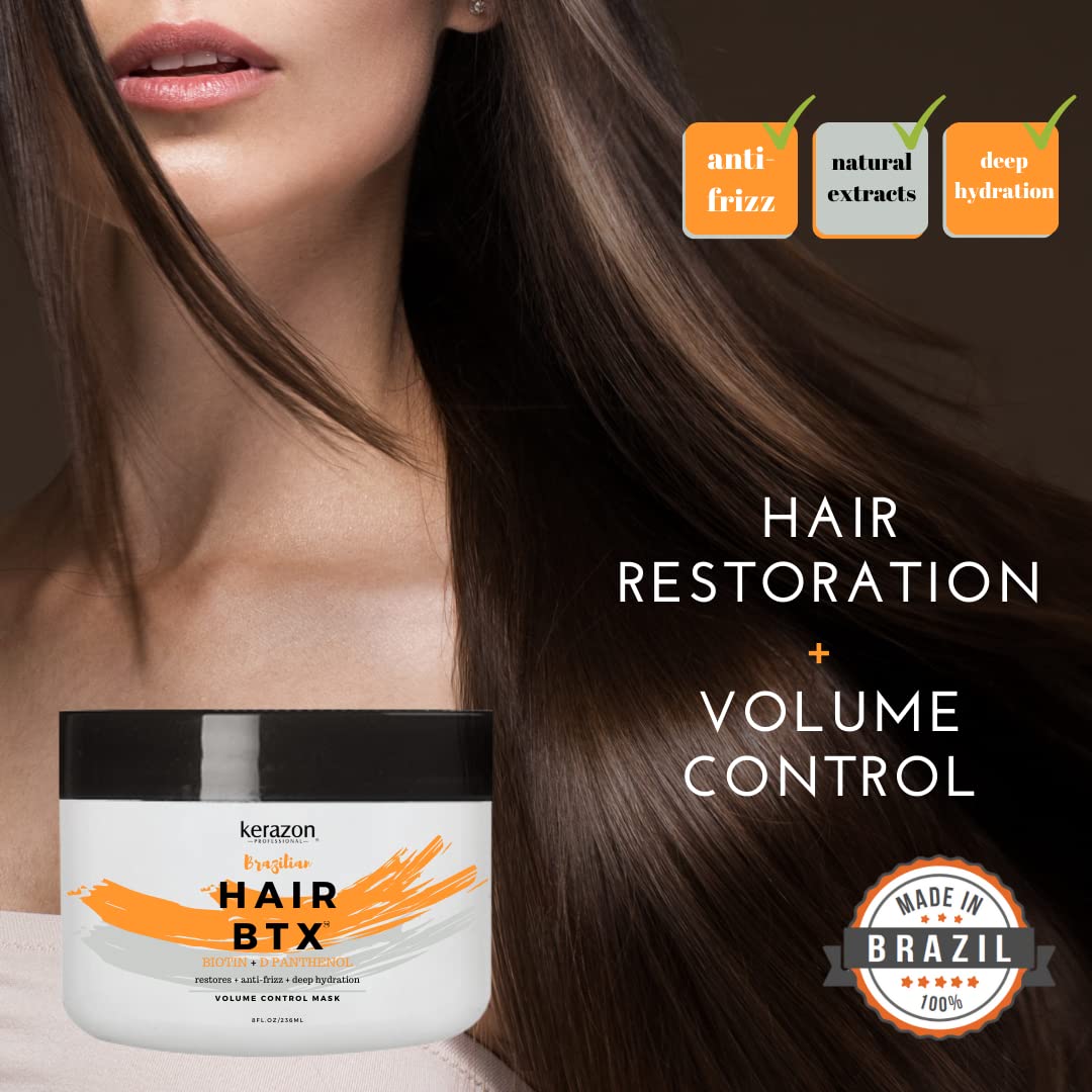 KERAZON Brazilian Hair BTX Treatment Mask 8oz 236ml provides repair for damaged, dry, smoothing, deep conditioning and hydration, nutrition, shine, softness, volume control and smoothness.