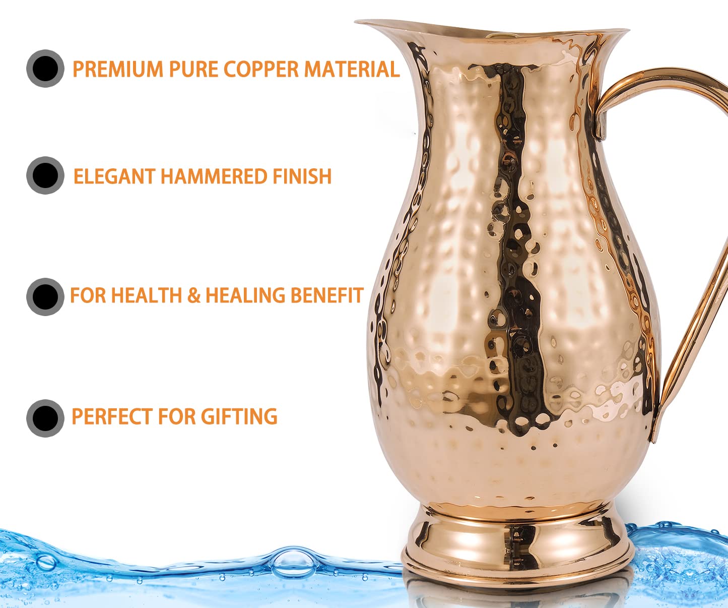 Copper Pitcher with a Lid | Large Size Solid Copper Handcrafted Copper Hammered Jug | Capacity 70 Oz/2000ml | Pure Copper Water Carafe For Home, Hotels & Gifting