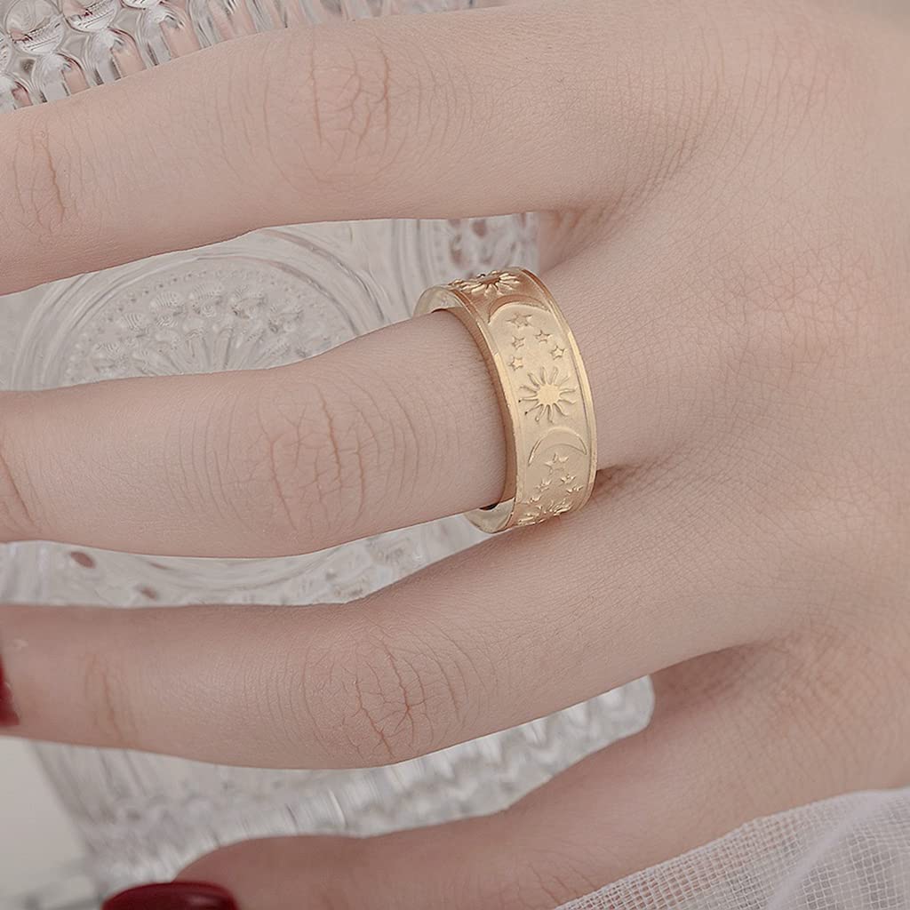 8mm Stainless Steel Sun Moon Star Wedding Band Statement School Holiday Biker Promise Ring (Gold, 12)