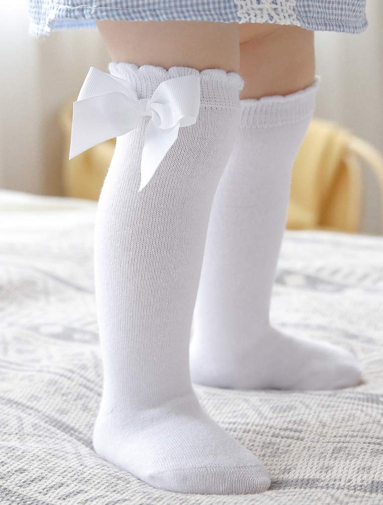 Maorrew 2 Pack Baby Girls Knee High Socks Bow Long Stockings Infants Toddlers Cotton Ruffled Uniform Leggings White 2 Pack 3-5T