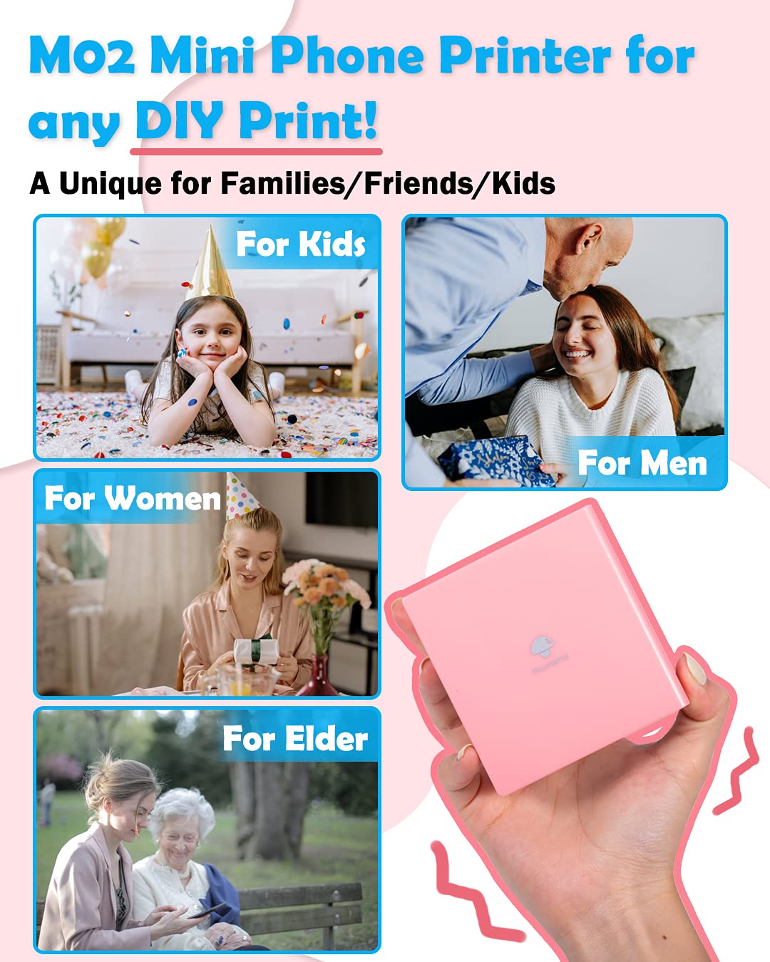 Phomemo-M02 Mini Pocket Printer- Bluetooth Wireless Thermal Portable Photo Printer, for Fun, Retro-Style Photos, Life Assistant, Good Gift, Pink