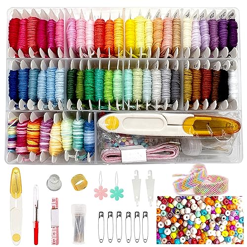 606Pcs Friendship Bracelet String Kit with Storage Box, 56 Colors Embroidery Floss Thread, 500 Beads, 50 Cross Stitch Tools for Hand Embroidery Knitting Sewing Floss Bobbins