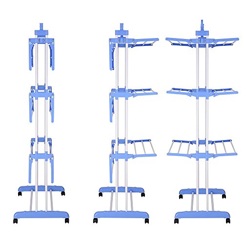 Aquaterior Folding 3 Tier Clothes Drying Rack Rolling Collapsible Garment Laundry Dryer Hanger Stand Rail with Two Side Wings Indoor Blue