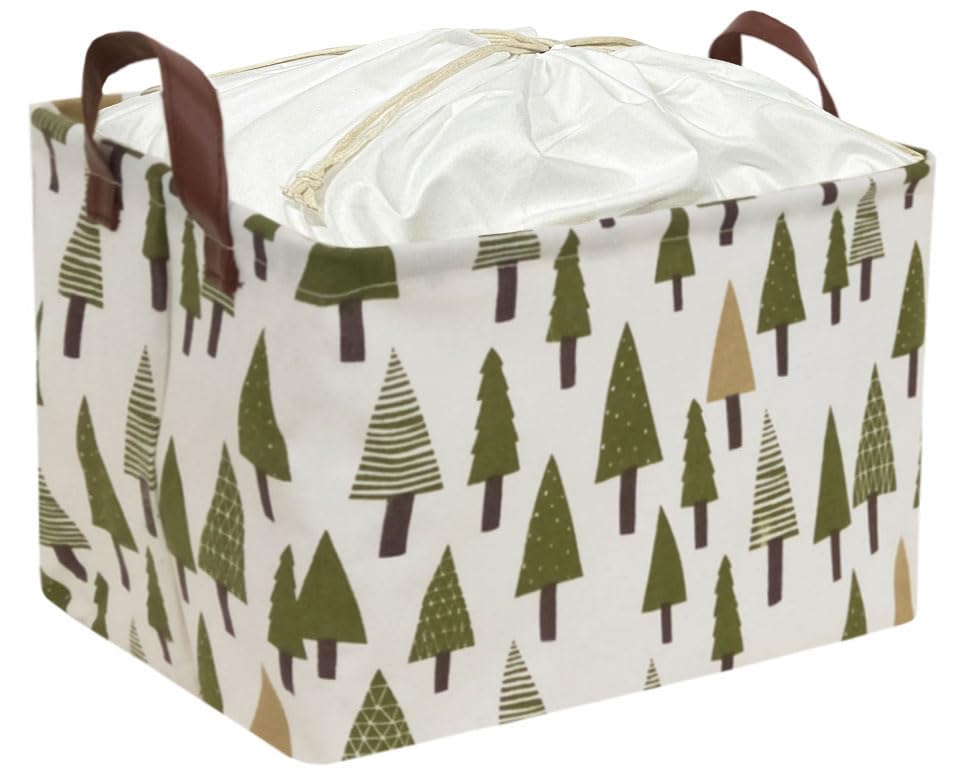 Sanjiaofen Rectangular Canvas Storage Bins,Waterproof Storage Basket with Lid,Collapsible Toy Organizer Bin with Handles for Clothes Storage, Kid's Toy Box,Book Bag (Green trees)