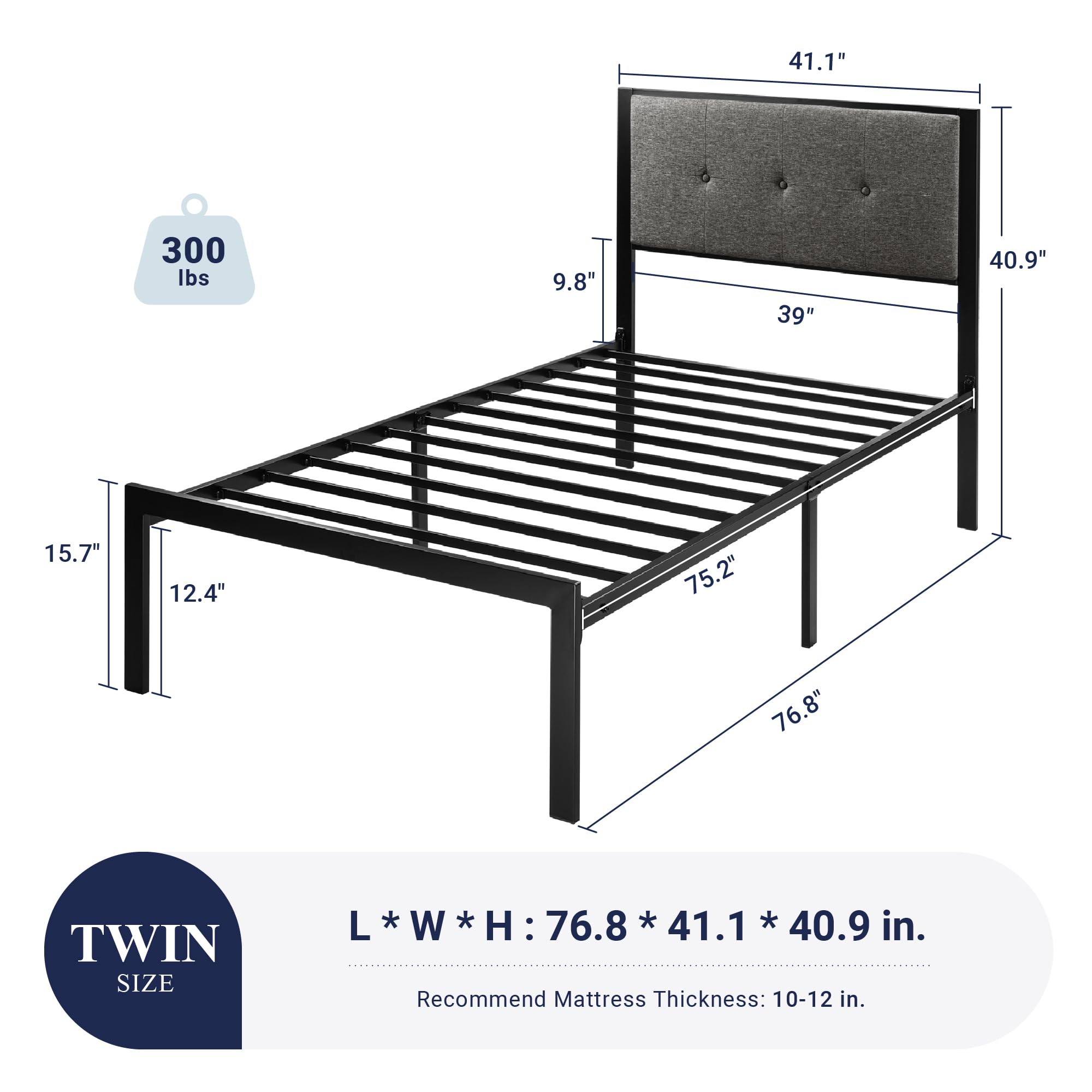 Allewie Twin Bed Frames with Upholstered Button Tufted Headboard for Kids, Platform Bed Frame with 12.4β Underbed Storage, No Box Spring Needed, Noise Free, Grey.