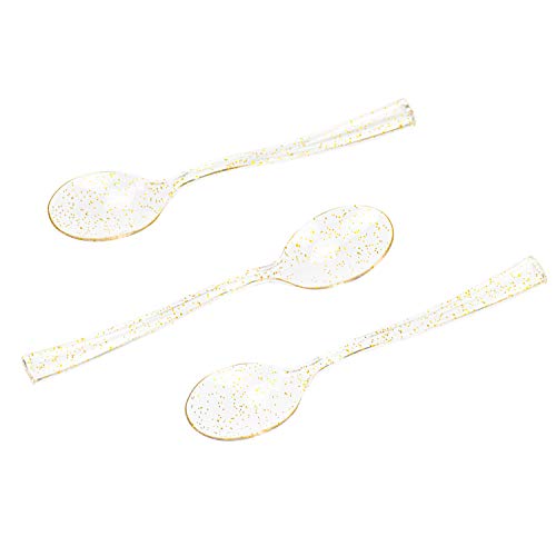 Tebery 100 Pack 8oz Gold Glitter Medium Plastic Dessert Cups With 100 Spoons Square Dessert Bowls for Tasting Party Desserts Appetizers