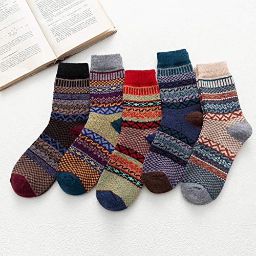 5 Socks Vintage Womens Winter Socks Pack Warm Knit Cold Wool Soft Socks Clothes (Black,Gray,White,Blue,Red-1, One Size)