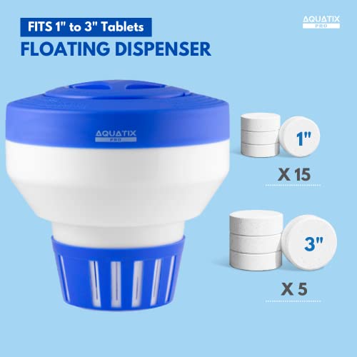 Aquatix Pro Pool Chlorine Floater Dispenser for 1 to 3 inch Tablets, Large & Durable Floating Dispenser for Spa, Hot Tubs, In-ground & Above Ground Small & Large Pools, Adjustable Flow Rate